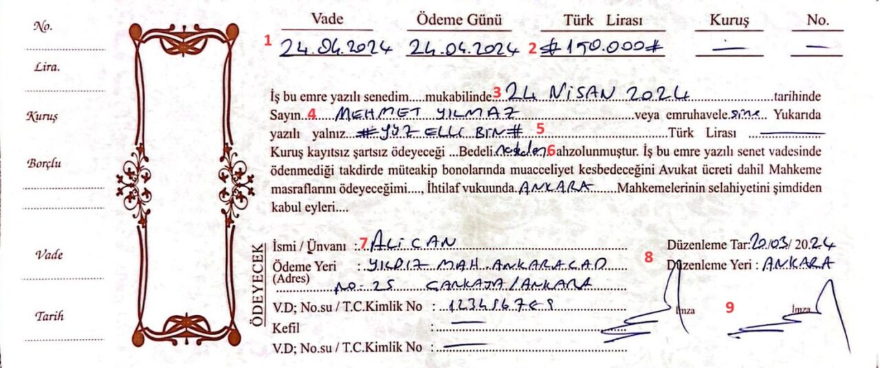 Senet Nasıl Doldurulur, Senet Örneği